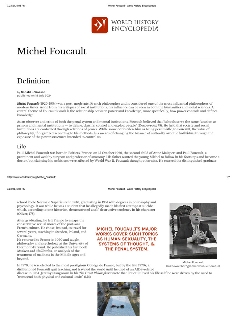Michel Foucault - World History Encyclopedia | PDF | Michel Foucault | Power (Social And Political)