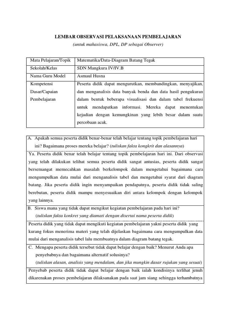 PTT 1 Lampiran 5. LK 4 Lembar Observasi Pelaksanaan Pembelajaran Untuk Observer-1 | PDF