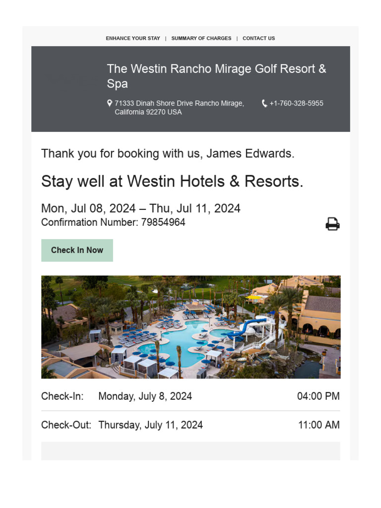 Reservation Confirmation #79854964 For The Westin Rancho Mirage Golf ...