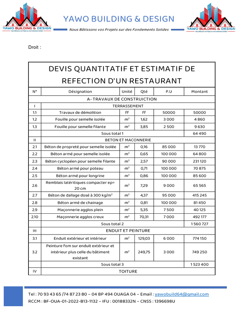 Devis de Rénovation de Restaurant | PDF | Matériaux de construction ...