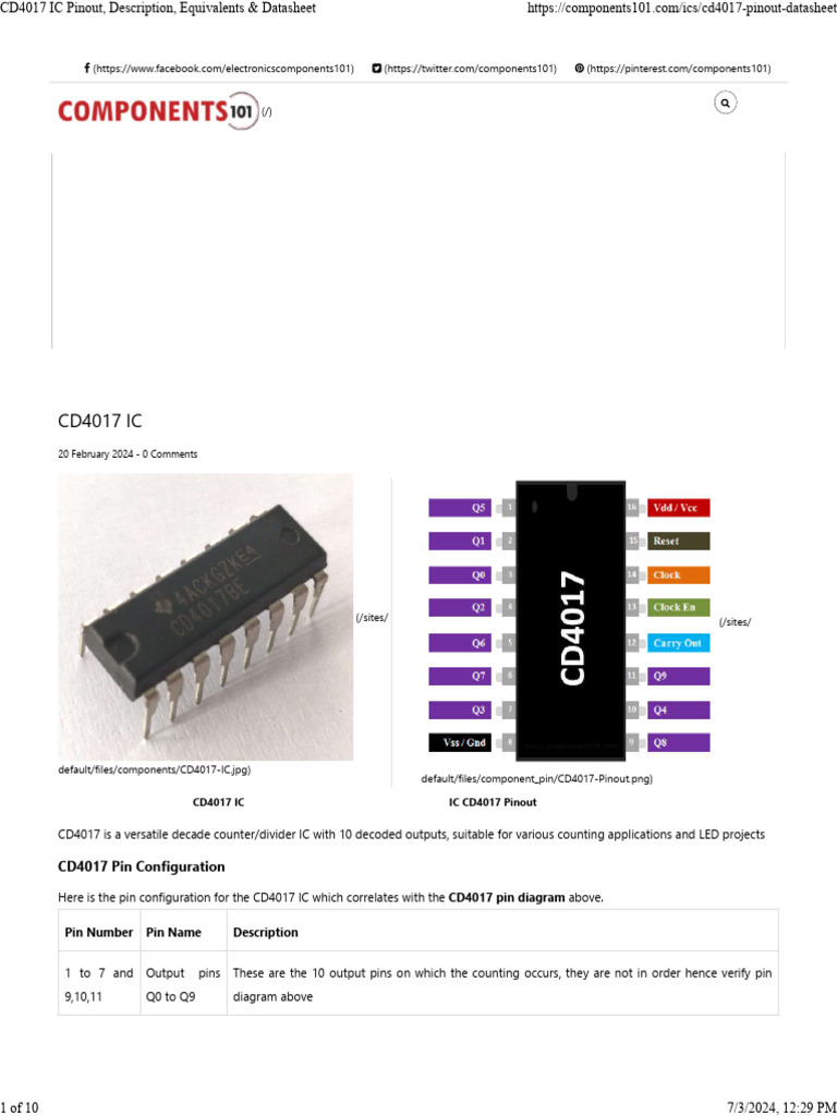 CD4017 IC Pinout, Description, Equivalents & Datasheet | PDF ...