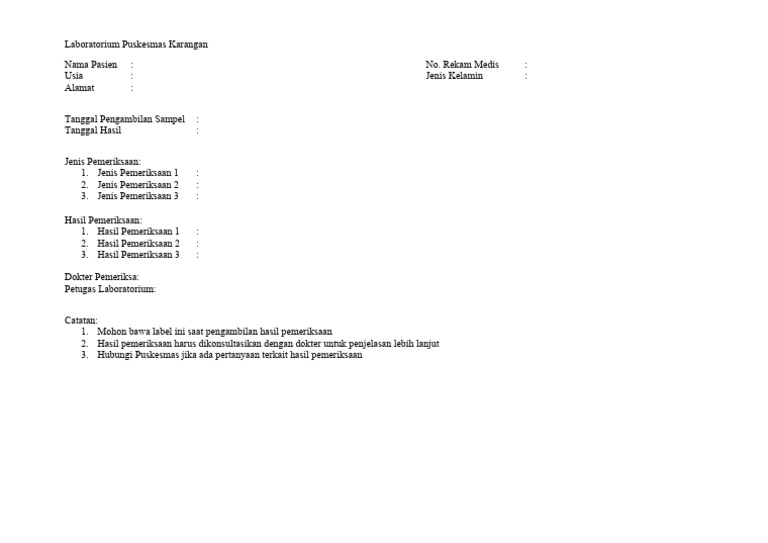 Label Laboratorium Puskesmas Karangan | PDF
