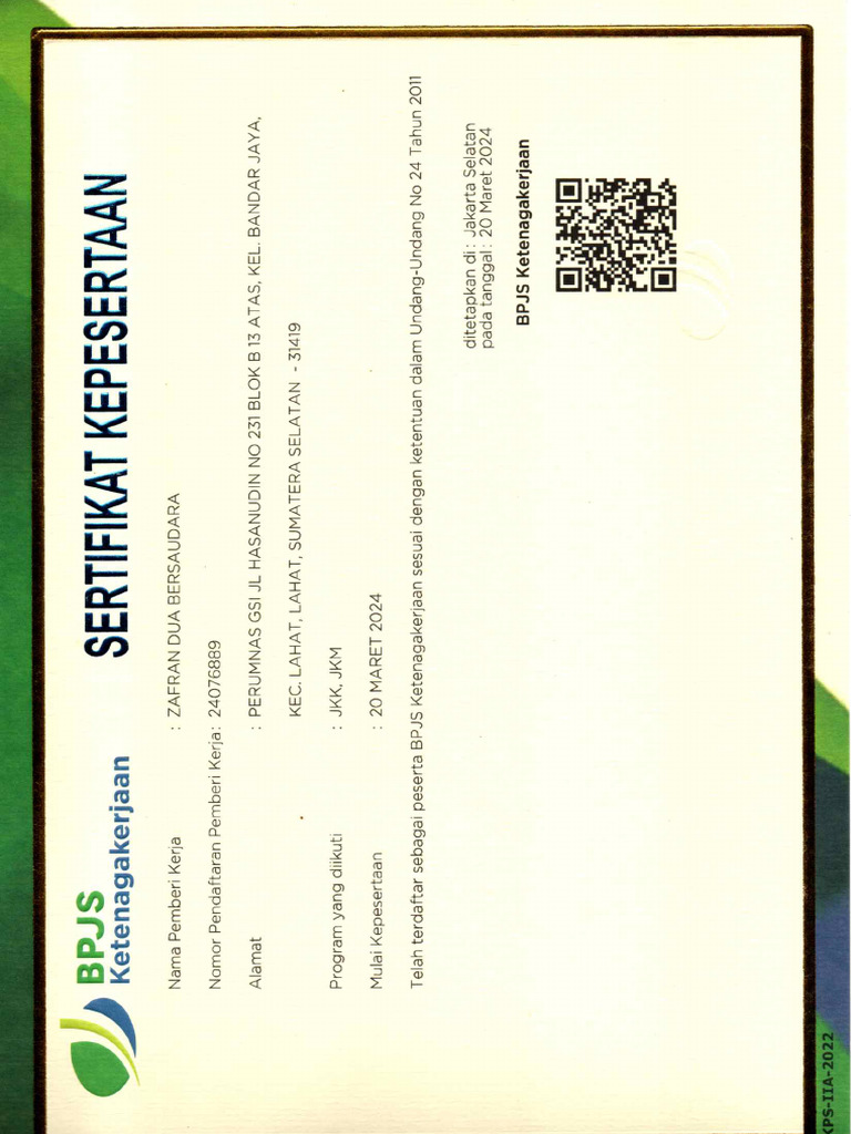Sertifikat BPJS CV - Zafran | PDF