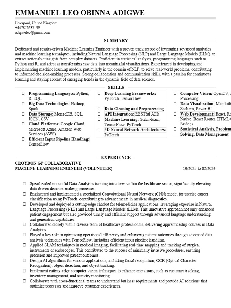 Machine Learning Engineer Profile | PDF | Machine Learning | Data Science
