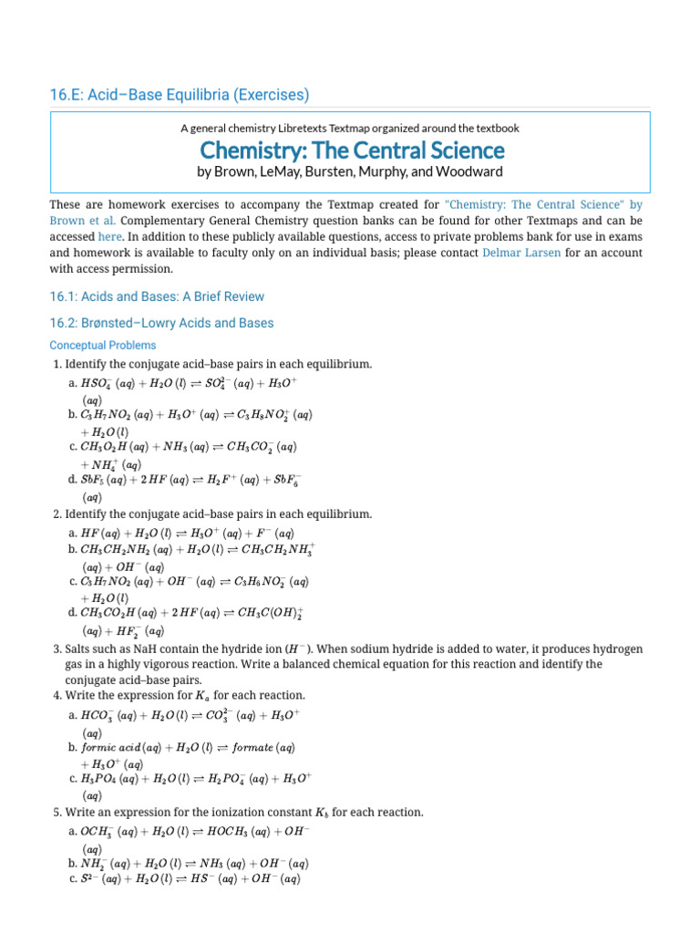 16.E Acid-Base Equilibria (Exercises) - Chemistry LibreTexts | PDF ...