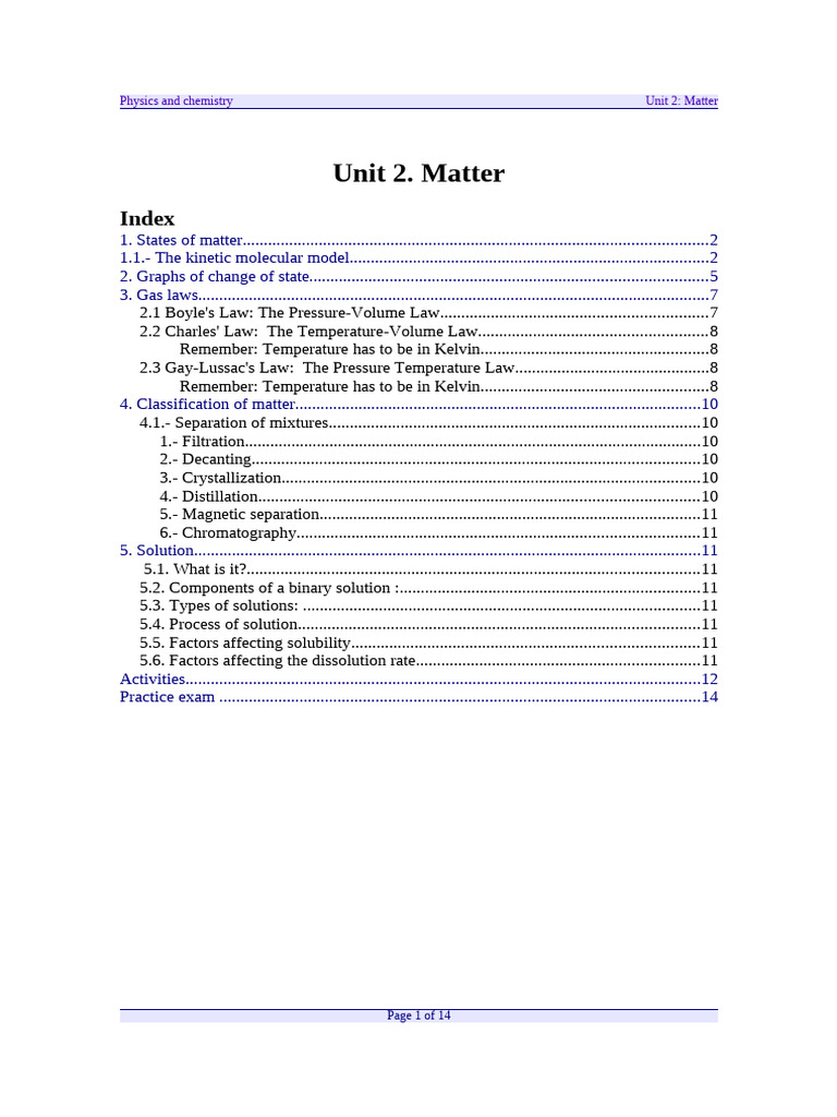 Unit 2. Matter | PDF | Solubility | Gases