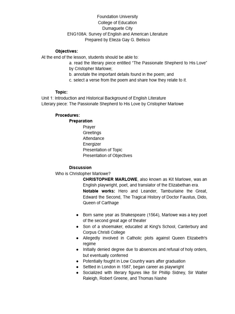 ENG108A - Survey of English and American Literature - Manuscript | PDF ...