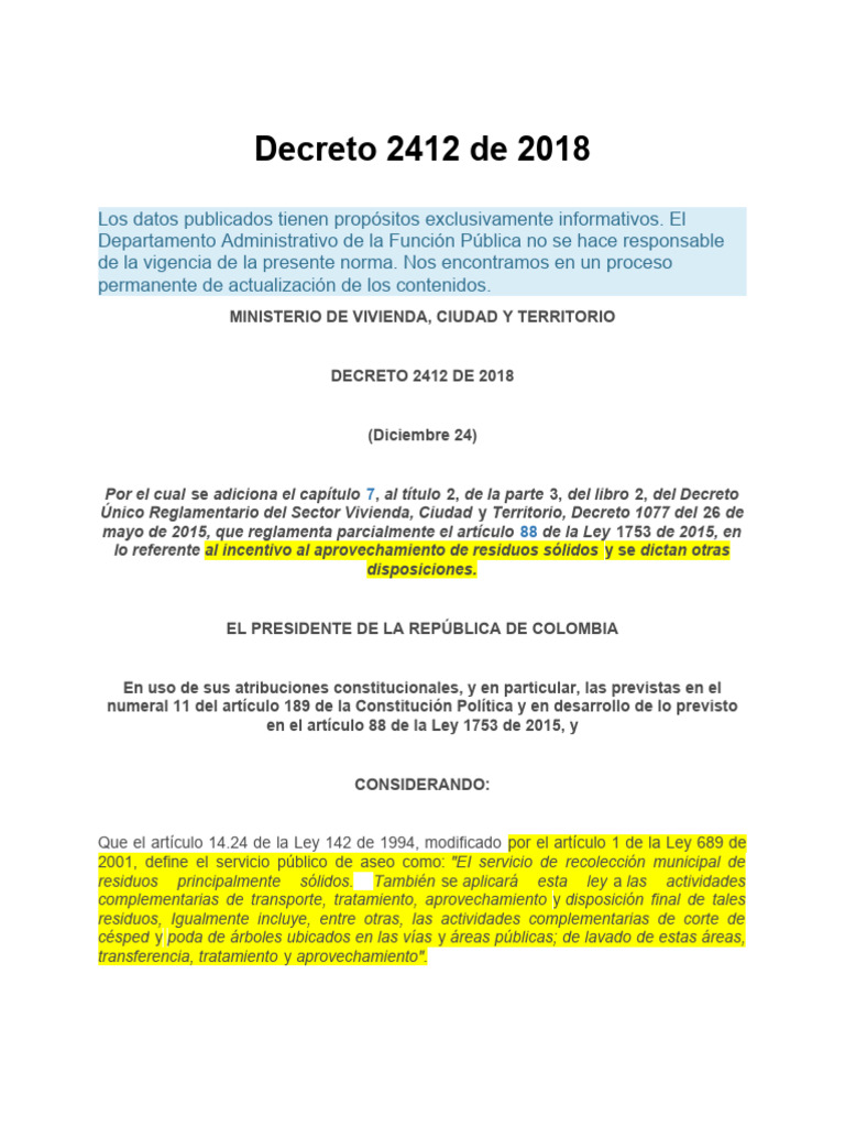 Decreto 2412 de 2018 RESIDUOS SOLIDOS | PDF | Residuos | Gestión de ...