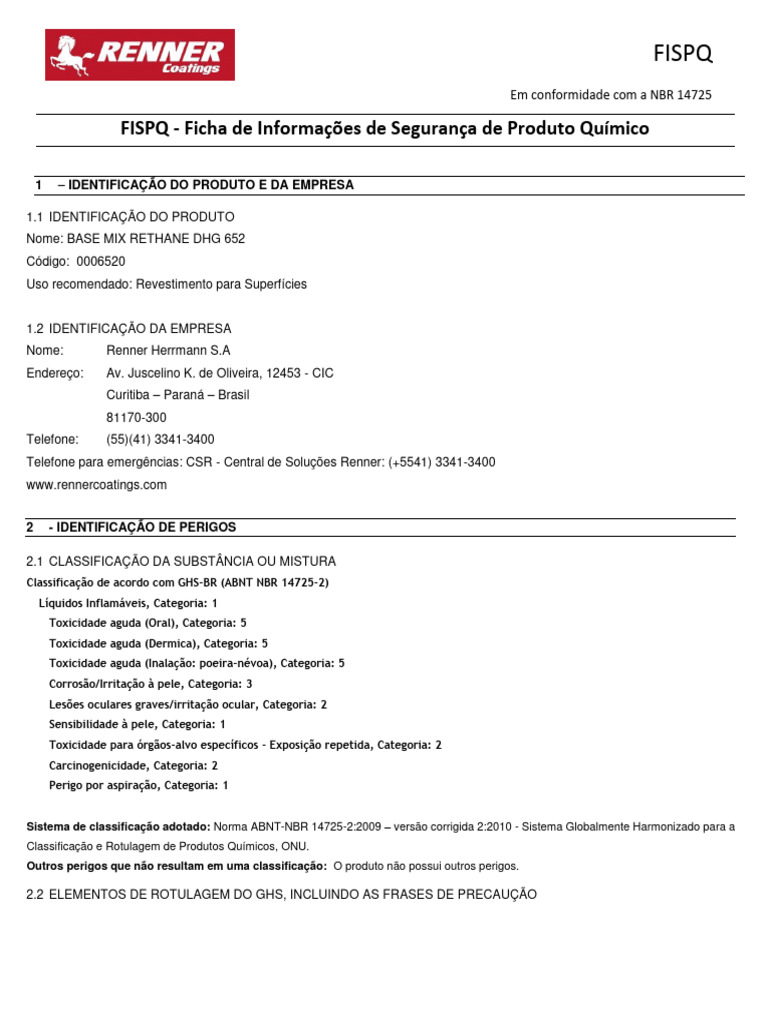 Ficha Técnica do Rethane DHG 652 | PDF | Primeiros socorros