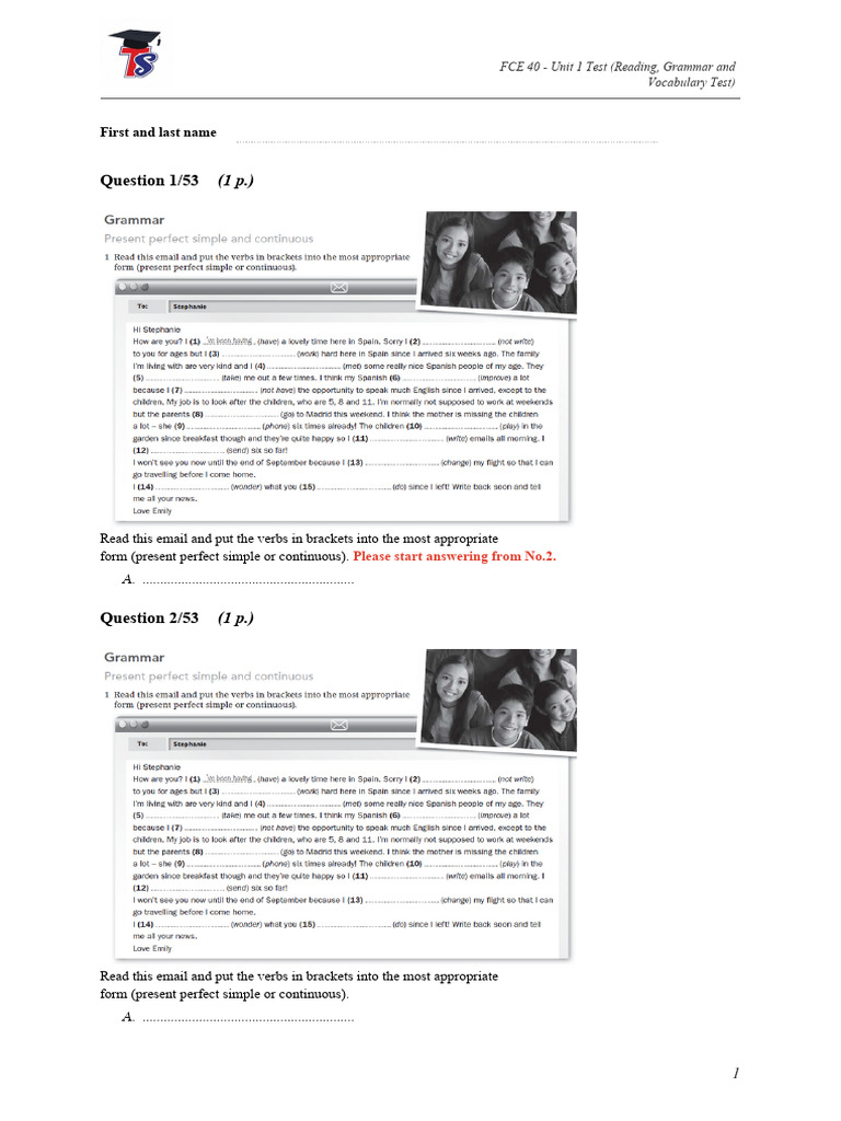 FCE 40 - Unit 1 Test (Reading, Grammar and Vocabulary Test) - Questions ...