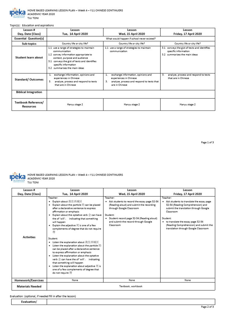 Lesson Plan Weekly Year11 Home Based Learning (Week4) | PDF | Information | Lesson Plan