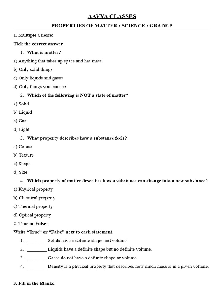 Worksheet of Properties of Matter | PDF