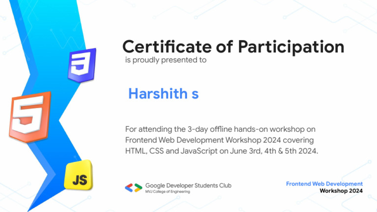 Frontend Workshop Certificate - Harshith s | PDF