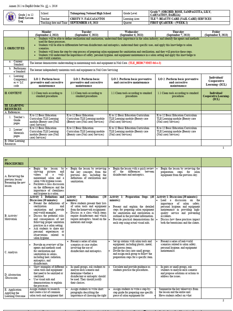 Grade 7 Nail Care Lesson Plan | PDF | Hygiene | Disinfectant