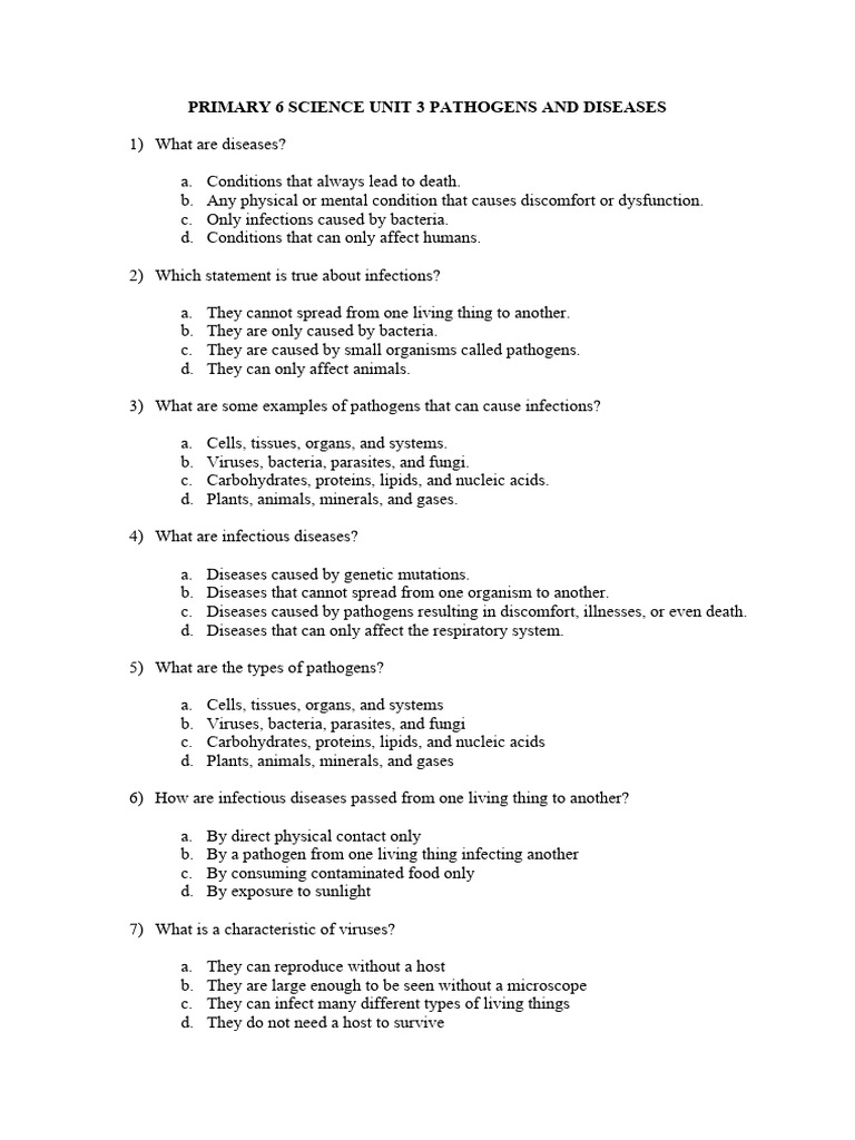 Primary 6 Science Unit 3 Pathogens and Diseases | PDF | Infection ...