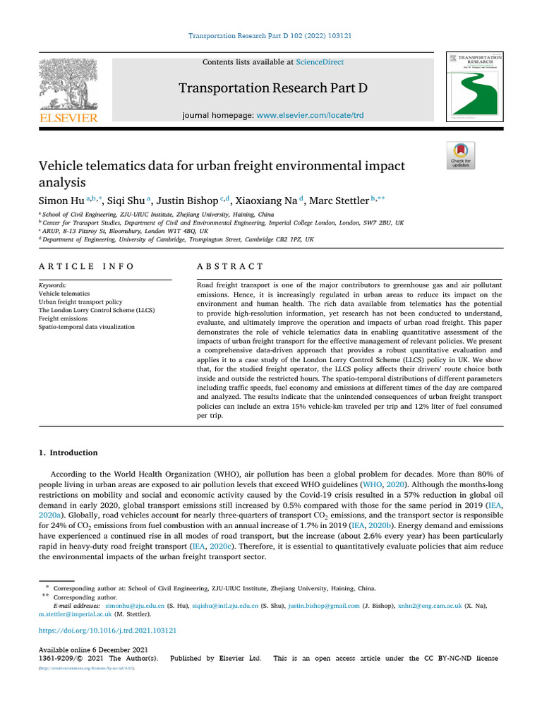 Vehicle Telematics Data For Urban Freig - 2022 - Transportation ...