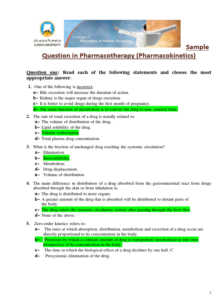 Pharmacology I Sample Questions - Pharmacokinetics | PDF | Pharmacokinetics | Drug Metabolism