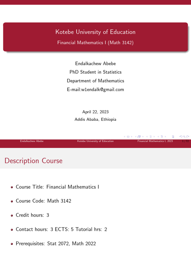 Kotebe University of Education: Financial Mathematics I (Math 3142 ...