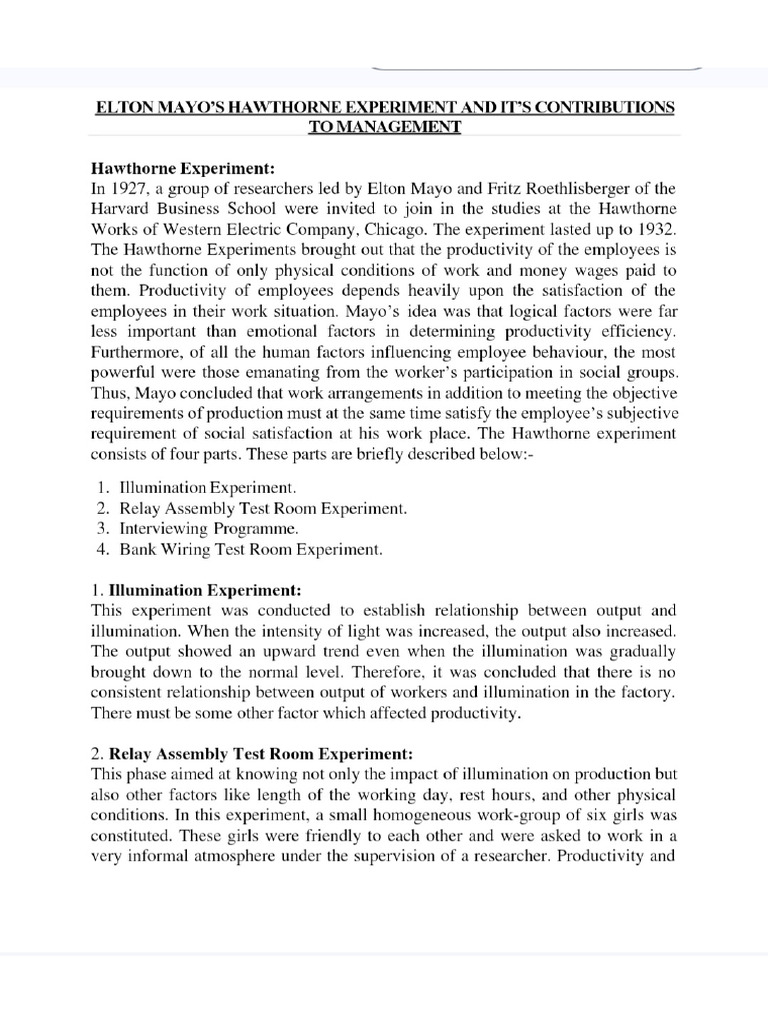 Elto Mayo - Hawthorne Experiments | PDF