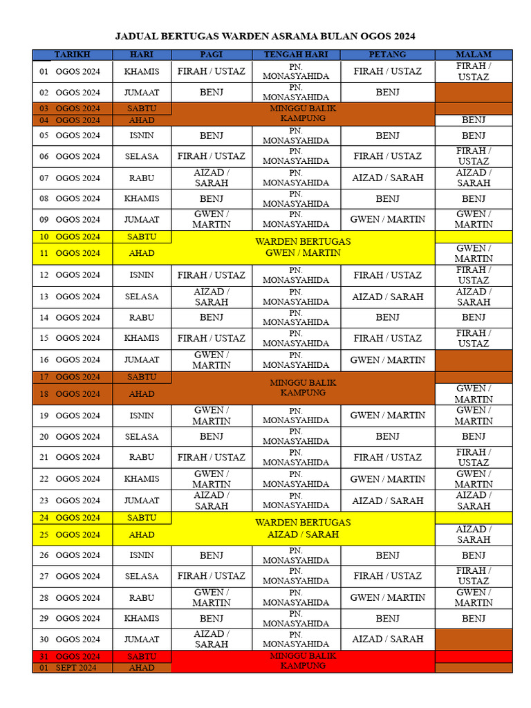 Jadual Bertugas Warden Ogos 2024 | PDF