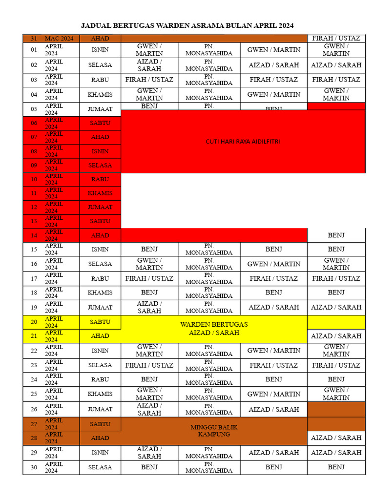 Jadual Bertugas Warden April 2024 | PDF
