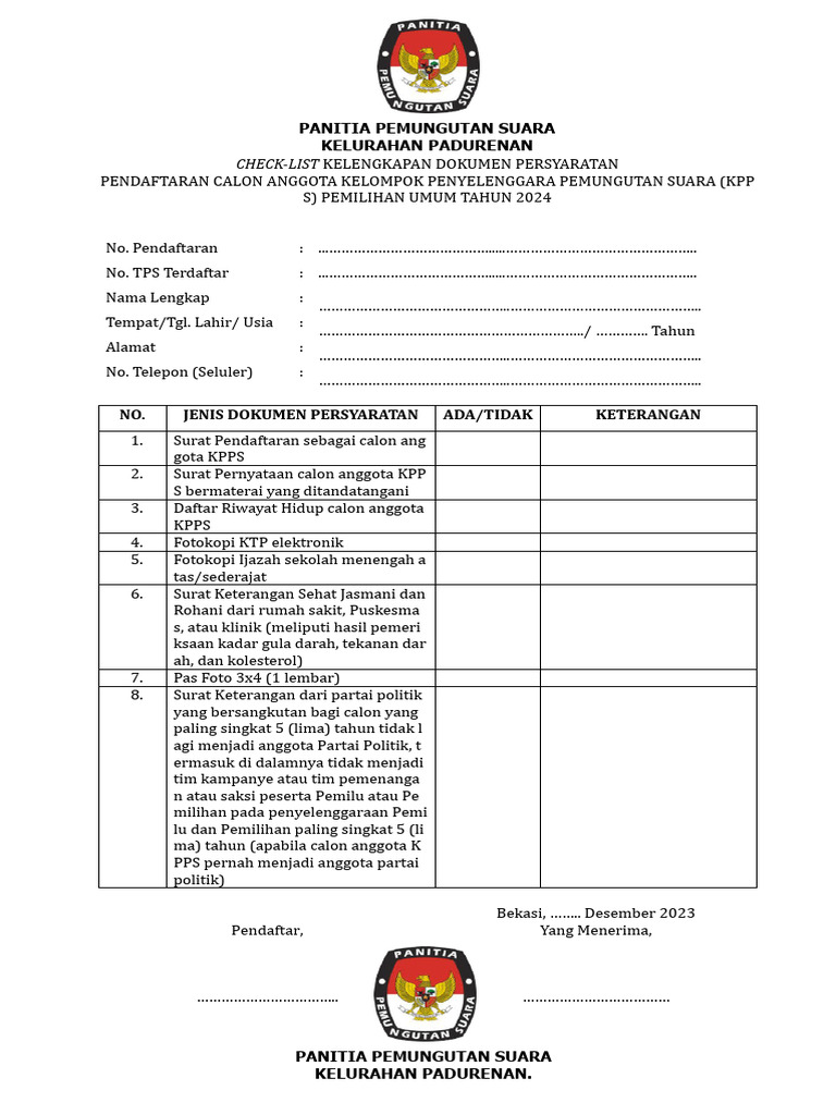 Check-List Dokumen Pendaftaran KPPS | PDF | Politik | Olahraga & Rekreasi