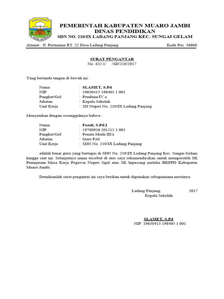 Surat Pengantar SK Inpassing Guru PAI | PDF