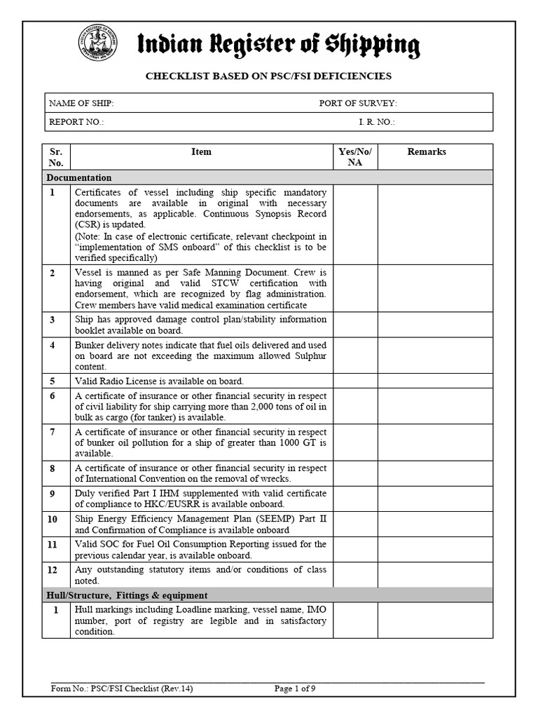 PSC Fsi Checklist Rev14 | PDF