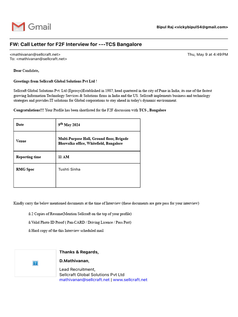 TCS Interview Call at Brigade Bhuwalka | PDF
