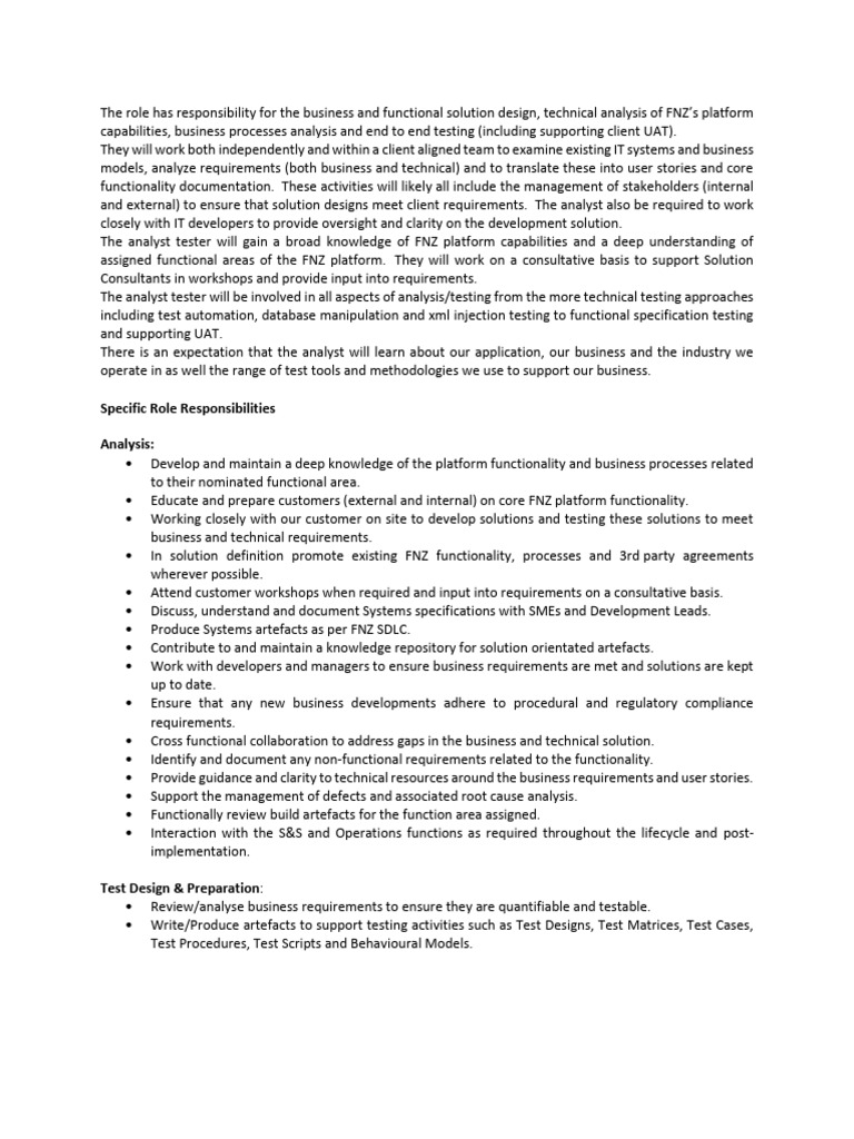 FNZ Analyst Tester Role Overview | PDF | Business