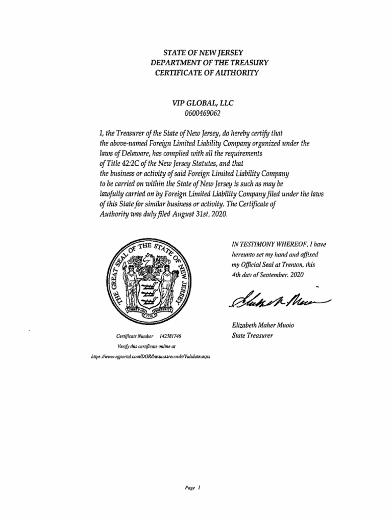 NJ Cert of Authority-VIP GLOBAL LLC | PDF | Limited Liability Company ...