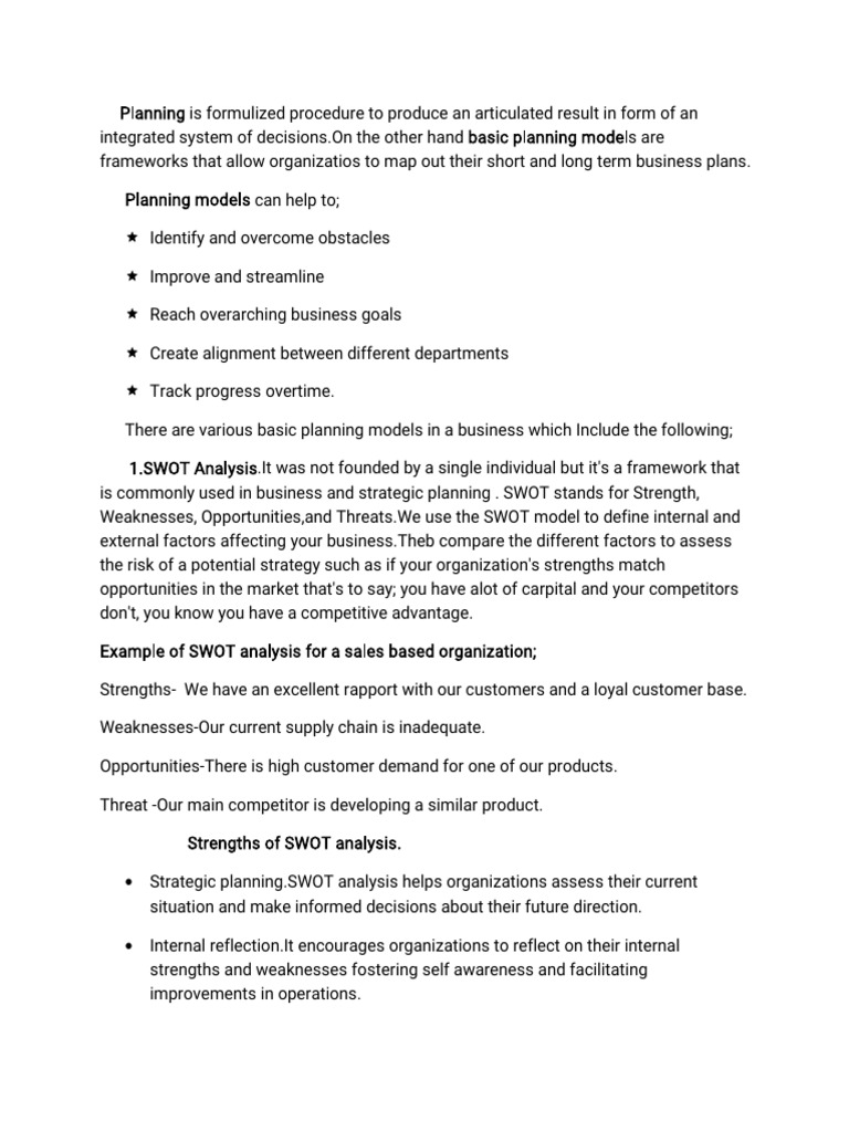 Basic planning model | PDF | Strategic Management | Swot Analysis