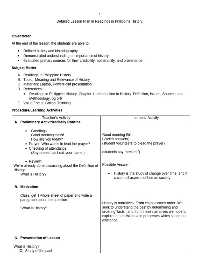 Detailed Lesson Plan in Reading in PH History | PDF | Primary Sources ...