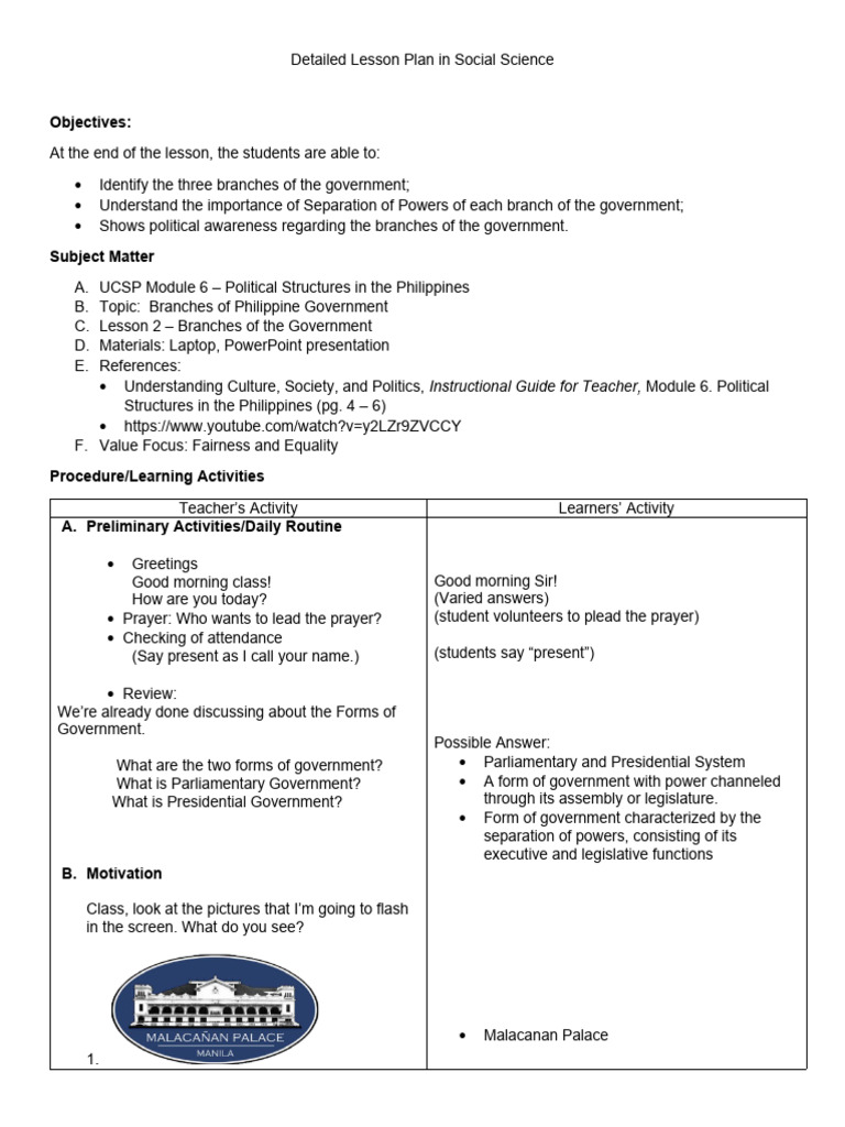 Lesson Plan: Philippine Government Branches | PDF | Separation Of ...