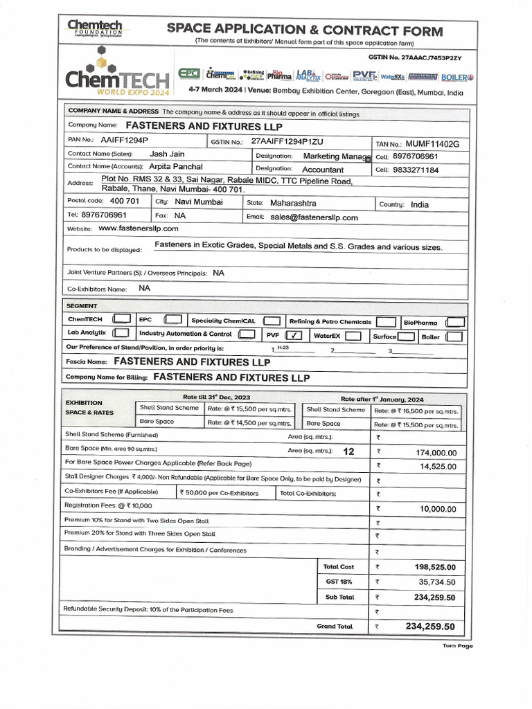 Chemtech 2024 Space Application Form Filled | PDF