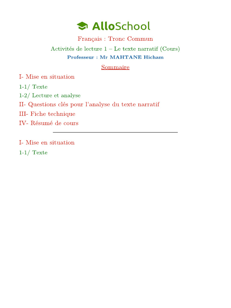 A Le Texte Narratif Cours | PDF