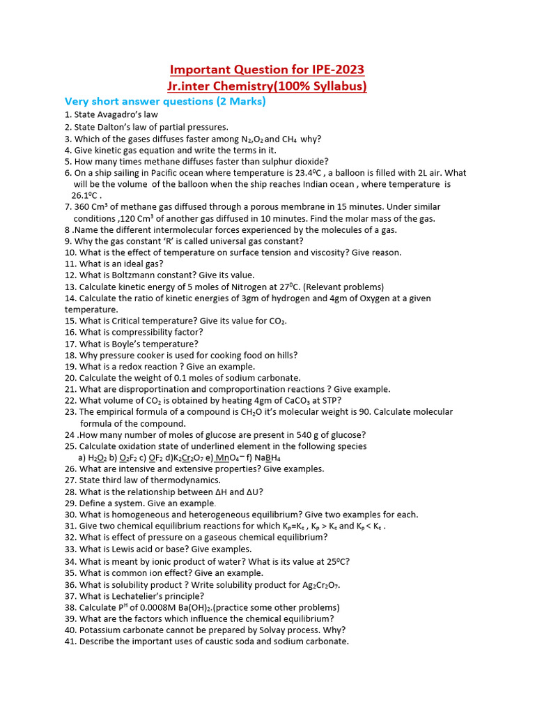 JR - Chemistry Imp - Questions For IPE 2022-23 | PDF | Gases | Diffusion