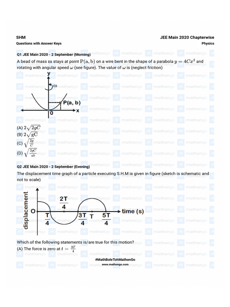 SHM Questions Jee Main 2020 Chapterwise Question Bank Mathongo | PDF