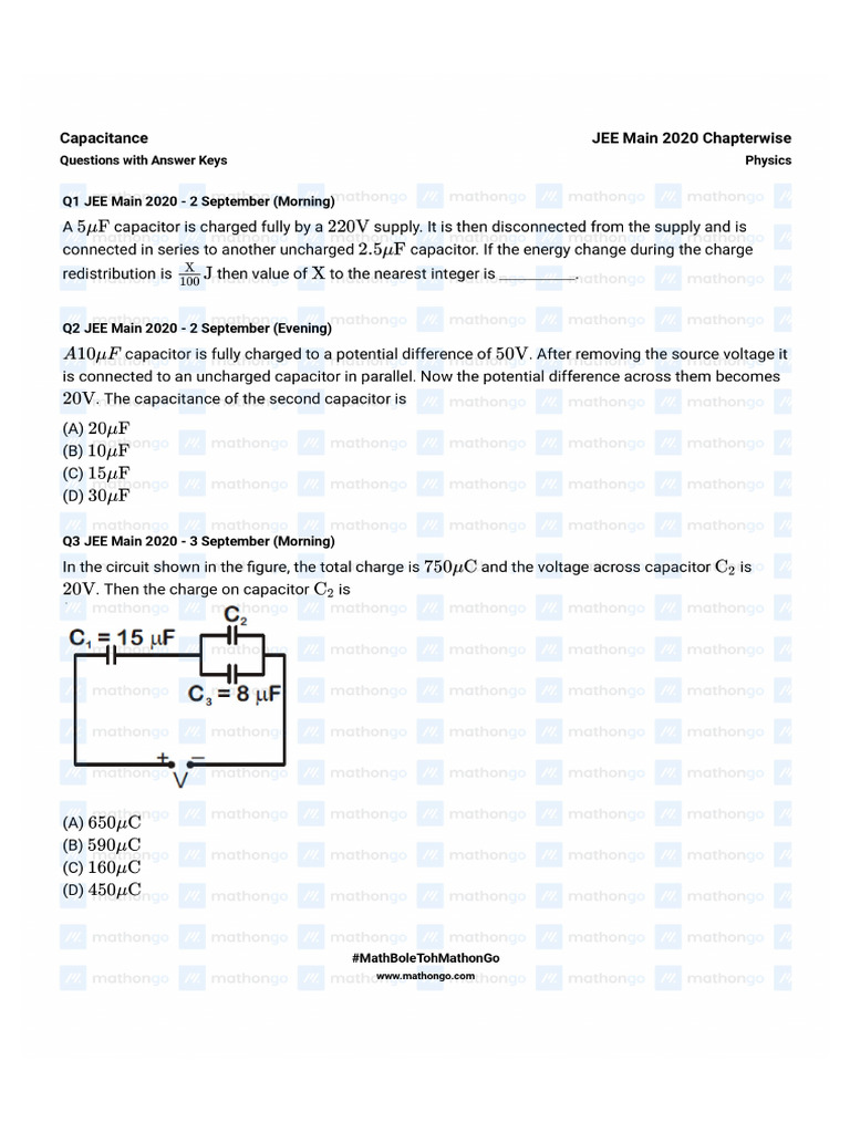 Capacitance Questions Jee Main 2020 Chapterwise Question Bank Mathongo Pdf
