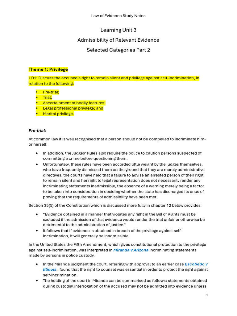 Law of Evidence Study Notes (Part 2) | PDF | Right To Silence | Self ...