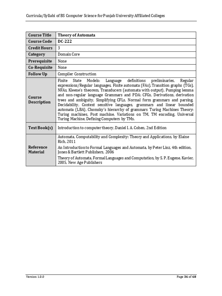 Course Title Theory of Automata Course Code DC-222 Credit Hours 3 Category Prerequisite Co ...