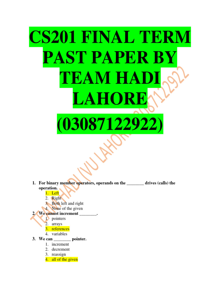 CS201 Final Term File 5 Solved by Team Hadi | PDF | Pointer (Computer Programming) | Software ...