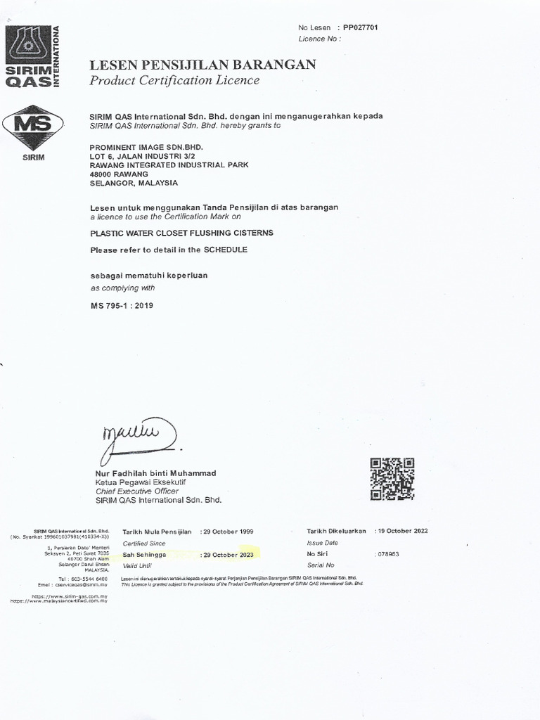 SIRIM - Certificate 2023 | PDF