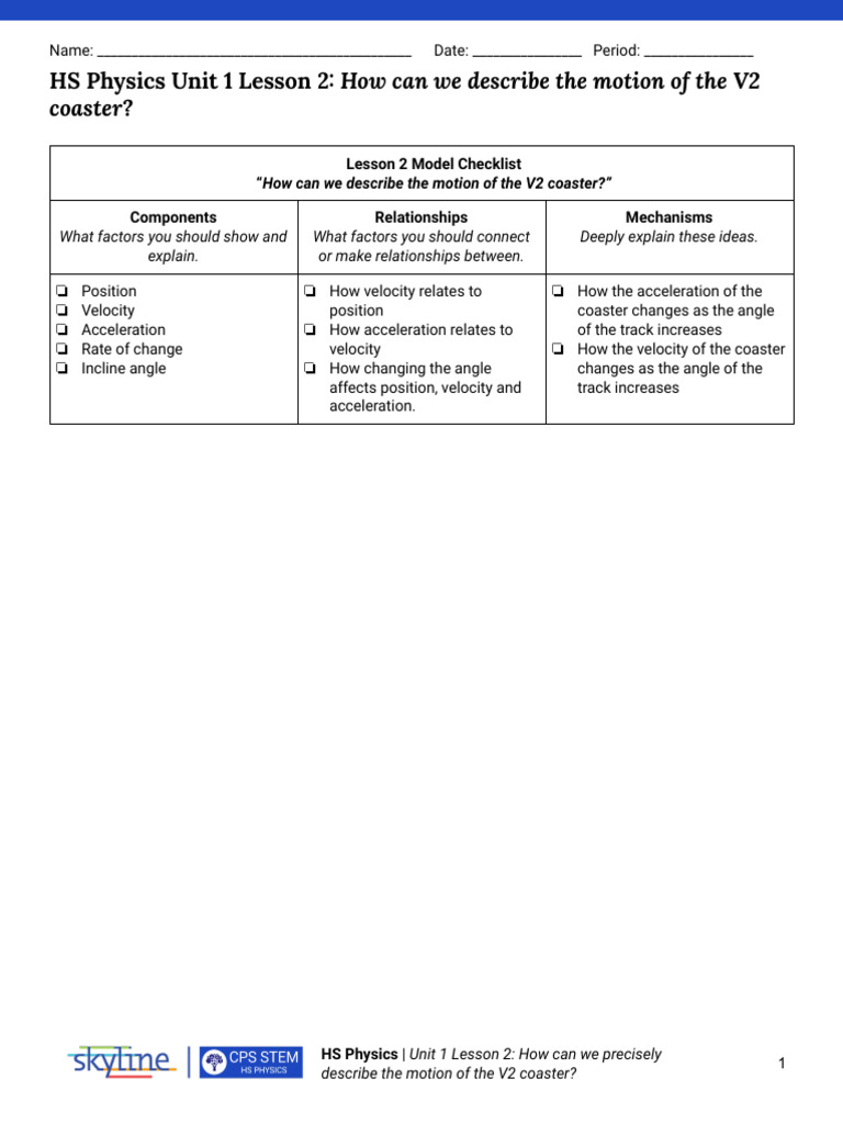 HS Physics Unit 1 Lesson 2 Explanation Expectation Checklist | PDF