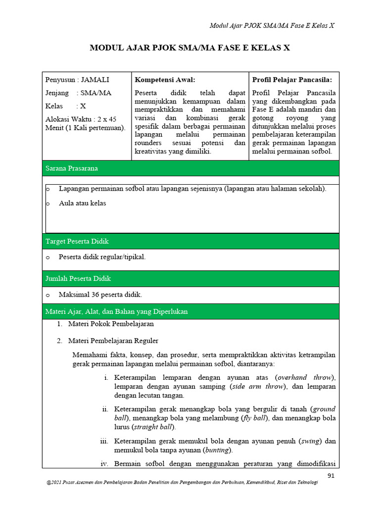 03 Modul Ajar Permainan Sofbol - 27 - 07 - 2021 - Oke | PDF