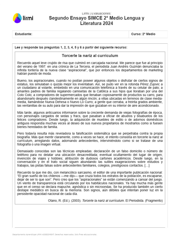 Segundo Ensayo Simce 2 Medio Lengua y Literatura N2 | PDF | Romeo y Julieta | Al por menor