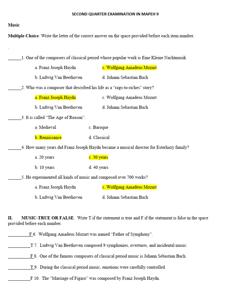 Second Quarter Examination in Mapeh 9 | PDF | Classical Period (Music) | Substance Abuse