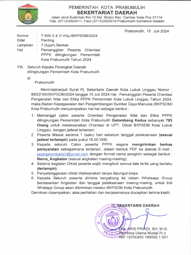 Surat Pemanggilan Peserta Orientasi PPPK 2024 | PDF