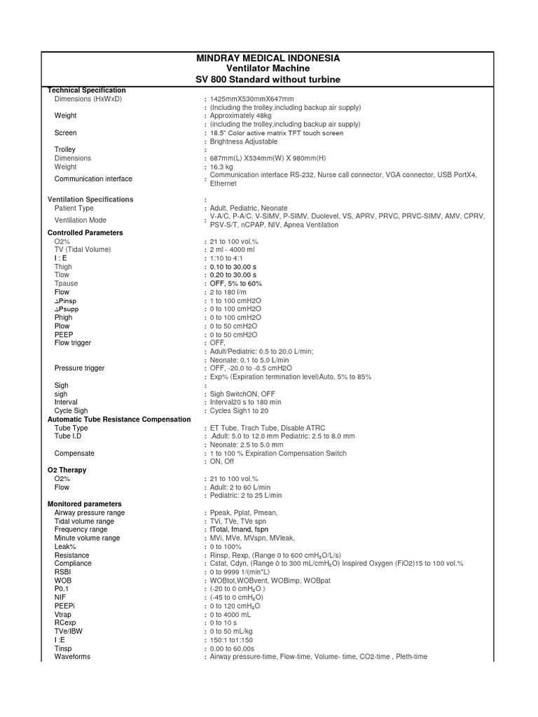 Ventilator Machine Technical Specs | PDF | Breathing | Pulmonology