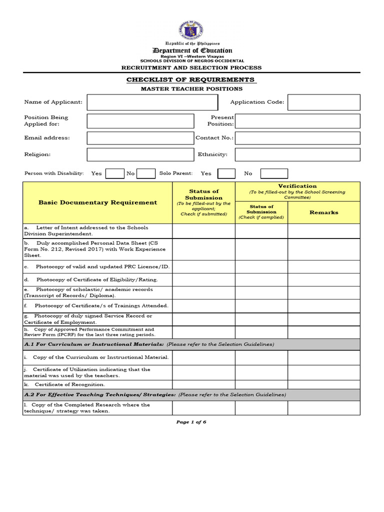 Master Teacher - Checklist of Requirements | PDF | Teachers